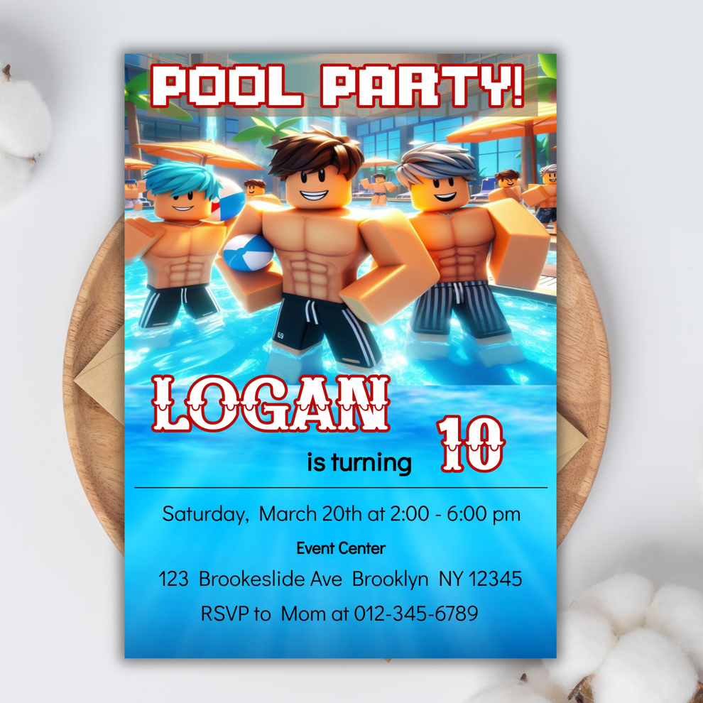 Roblox Summer Pool Party Birthday Invitation | Roblox Birthday Digital ...
