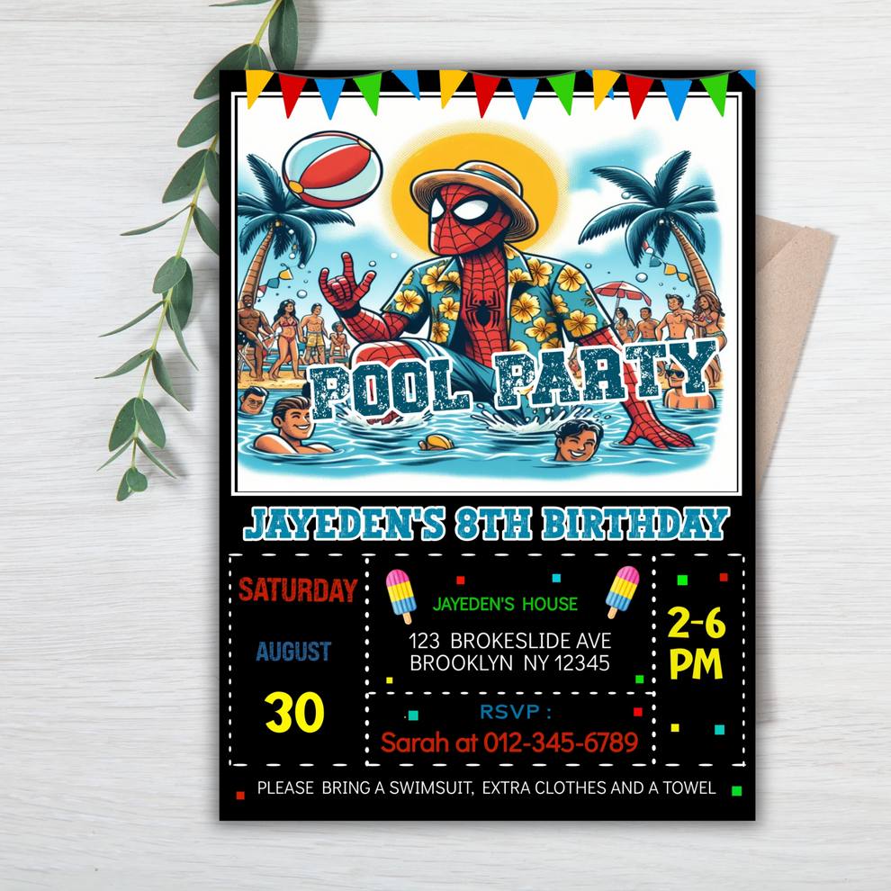 Spiderman Pool Party Birthday Invite, Kids Summer Pool Party Spiderman ...