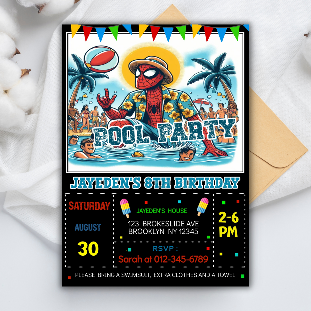 Spiderman Pool Party Birthday Invite, Kids Summer Pool Party Spiderman ...