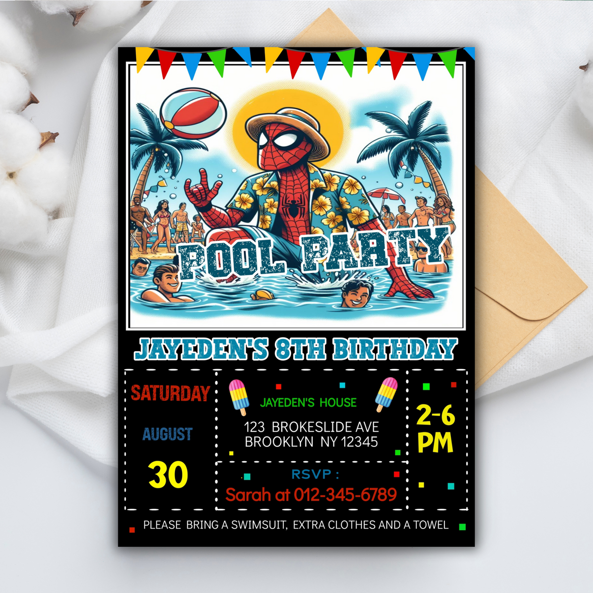 Spiderman Pool Party Birthday Invite, Kids Summer Pool Party Spiderman ...